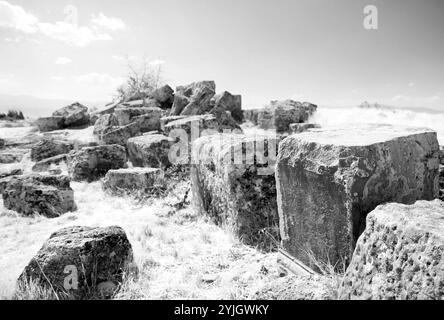 The big square stones which have remained after building of an ancient ...