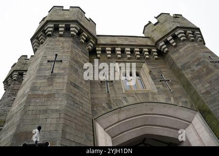 Medieval stone castle with towers and battlements Stock Photo - Alamy