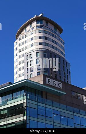 BBC logo on building, Salford Quays Stock Photo - Alamy