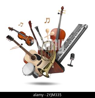 Different musical instruments in air on white Stock Photo - Alamy