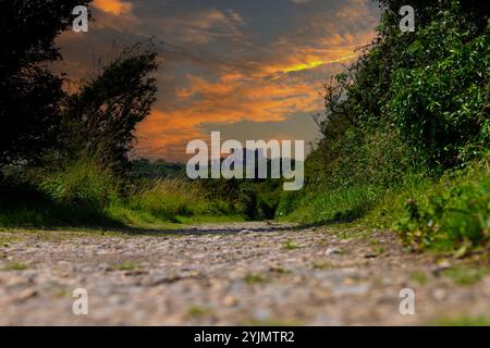 A view of sunset Dover Castle from the White Cliffs of Dover in Kent ...