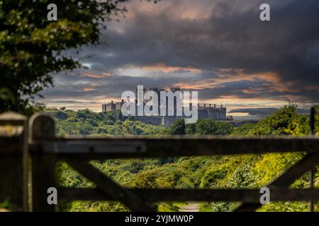 A view of sunset Dover Castle from the White Cliffs of Dover in Kent ...