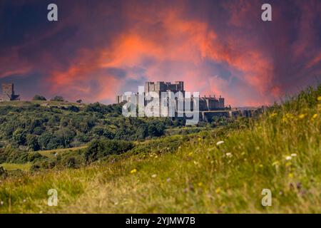 A view of sunset Dover Castle from the White Cliffs of Dover in Kent ...