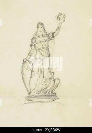 Female allegorical figure with laurel wreath and lance, drawing, black ...