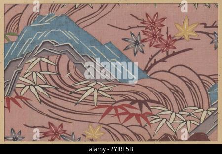 Textile fragment, Textile fragment, print of mountain landscape with ...