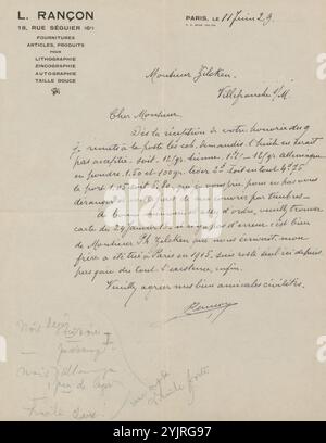 Letter to Philip Zilcken, 1929 letter Paris paper. ink writing ...
