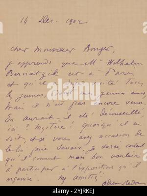 Letter to Andries Bonger, Odilon Redon, 1914 letter Paris paper. ink ...
