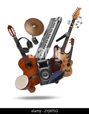 Different musical instruments in air on white Stock Photo - Alamy