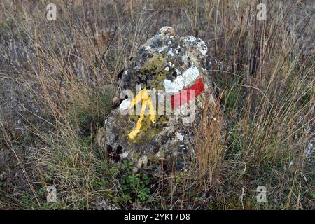 Red and white sign of the GR footpaths and yellow arrow of Camino de ...