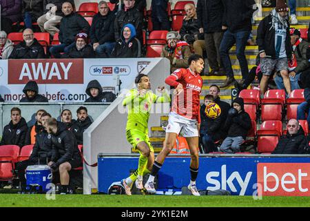 Morecambe FC's Marcus Dackers and Tom Davies of Tranmere Rovers FC ...