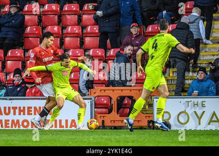 Morecambe FC's Marcus Dackers and Tom Davies of Tranmere Rovers FC ...