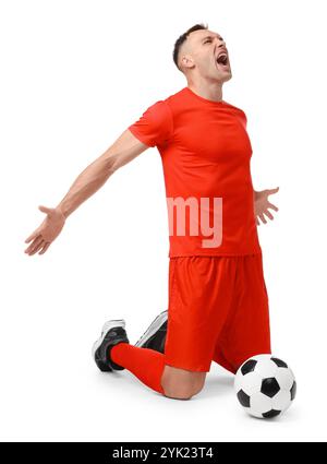 Emotional football player shouting and soccer ball on white background ...