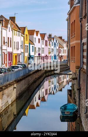 Canal of the Somme and colorful houses on the Rue d'Engoulvent in the ...