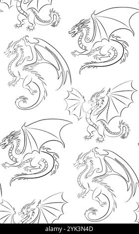 Vector seamless pattern with contour dragons. Texture of black outline ...