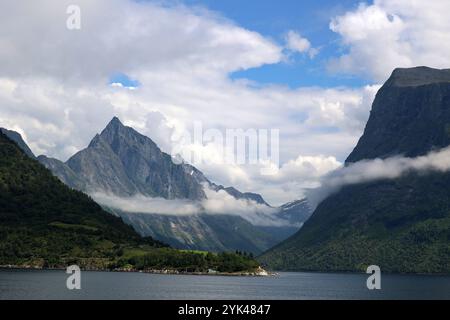 Hjorundfjord with a view of the breathtaking Sunnmore Alps, one of ...