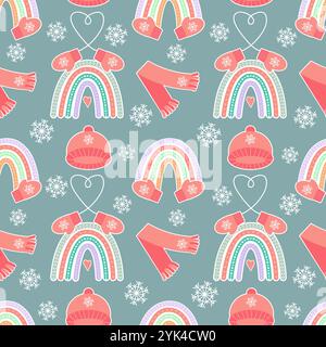Christmas Boho Rainbows seamless pattern. Hand drawn winter holidays ...