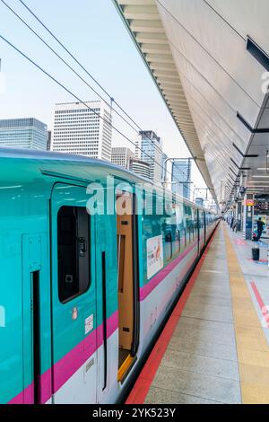 View along an E5 series Tohoku Shinkansen bullet train at the platform ...