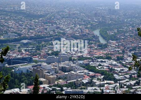 Tbilisi cityscape viewed from the top of the funicular railway showing ...