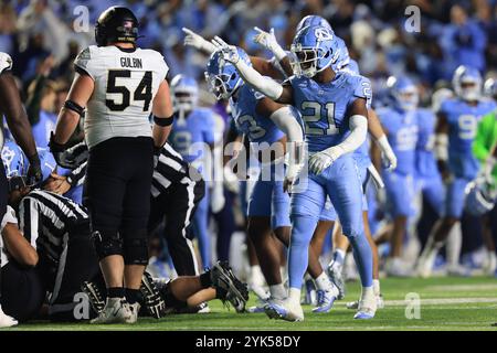 North Carolina defensive back Kaleb Cost (21) follows a play against ...