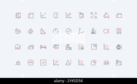 Isometric arrows with scales, square and room area thin black outline ...