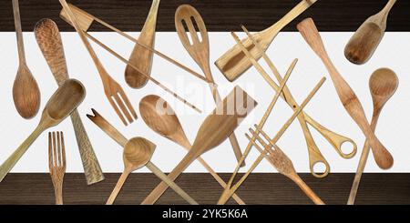 Topview of Set Cooking Wooden Utensils on Table Background Stock Photo ...