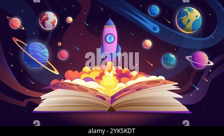 Open fiction book concept with future space mysterious symbols vector ...