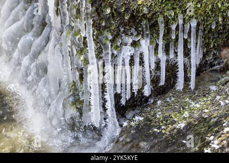 Frost and small icicles on a stone in the river. Spring thaw Stock ...