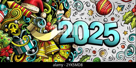 2025 doodles horizontal illustration. New Year objects and elements ...