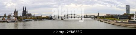 Panoramic photo of the Rhine embankment in Cologne. Hohenzollern Bridge ...
