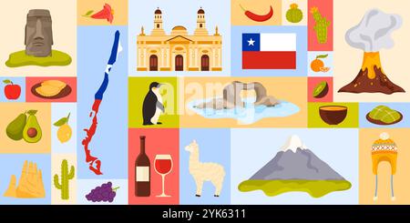 Travel to Chile, culture and landmarks, food in round infographic ...