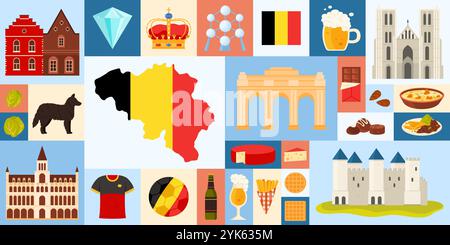 Cartoon map of Belgium. Travel illustration with landmarks, buildings ...