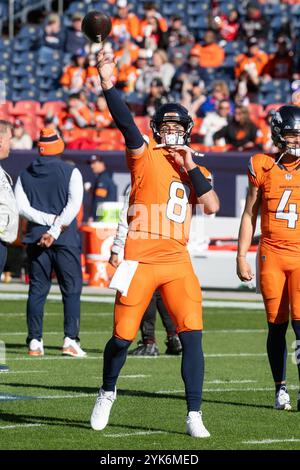 Denver Broncos quarterback Jarrett Stidham (8) after an NFL football ...