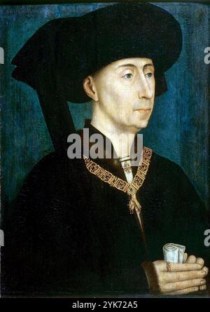 Portrait of Philip the Good, Duke of Burgundy, standing in armour with ...