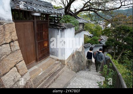 Visitors navigating the sloping stepped terrain along the hillside of ...