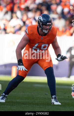 Denver Broncos offensive tackle Mike McGlinchey (69) engage with New Orleans Saints defensive ...