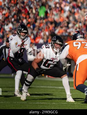 Atlanta Falcons guard Chris Lindstrom (63) works during the first half ...