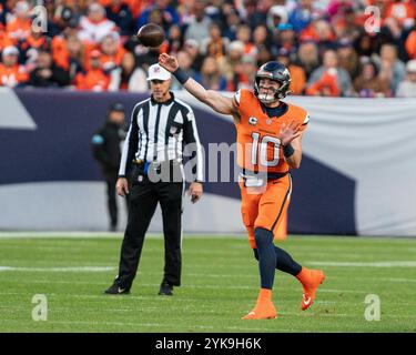 Denver Broncos quarterback Bo Nix speaks at a press conference during a ...