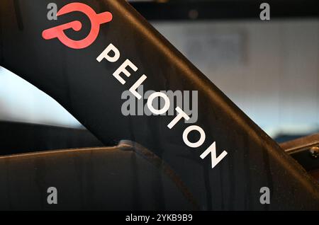 Peloton bike close up with name and logo Stock Photo - Alamy