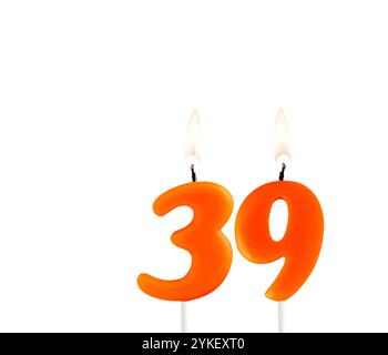 Candle number 39 - Lit birthday candle on white background Stock Photo ...