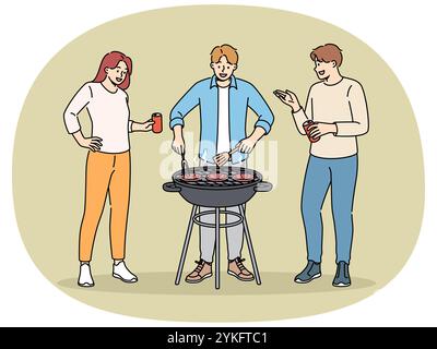 Person with beer cooking on barbecue grill , vector cartoon stick ...