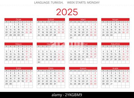 2025 year turkish calendar (takvim). Vector printable illustration for ...