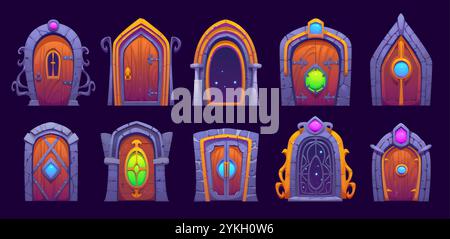 Cartoon magic doors. Wizard gate in mysterious world space dimension ...