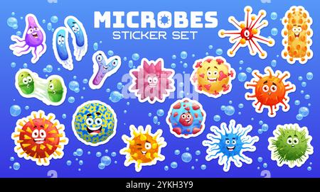 Stickers of funny bacteria, virus and germ characters with happy faces ...