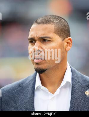 Chicago Bears General Manager Ryan Poles listens to reporters during an ...