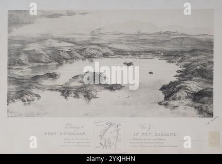 Birdseye view of Port Nicholson in New Zealand, 1839, by Thomas Allom ...