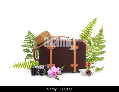 Leather travel suitcase, paper boat with compass, hat, camera, tropical ...