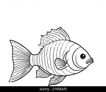 A detailed line drawing of a fish with large fins and scales, perfect ...