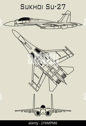 Jet fighter Sukhoi Su-27 vector illustration.Fighter aircraft flying in ...