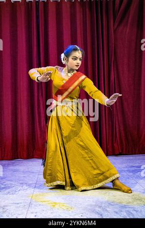 A Bharatanatyam dancer in traditional attire performs gracefully on ...