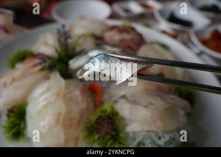 Fresh mackerel sashimi with a silvery sheen Stock Photo - Alamy